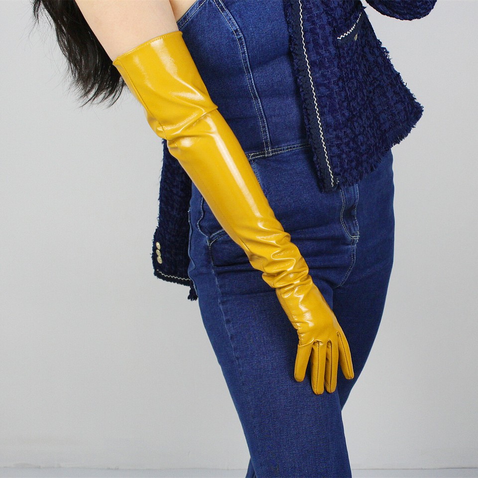 LATEX LONG GLOVES Shine Leather Faux Patent PU 20" 50cm Opera Ginger ...