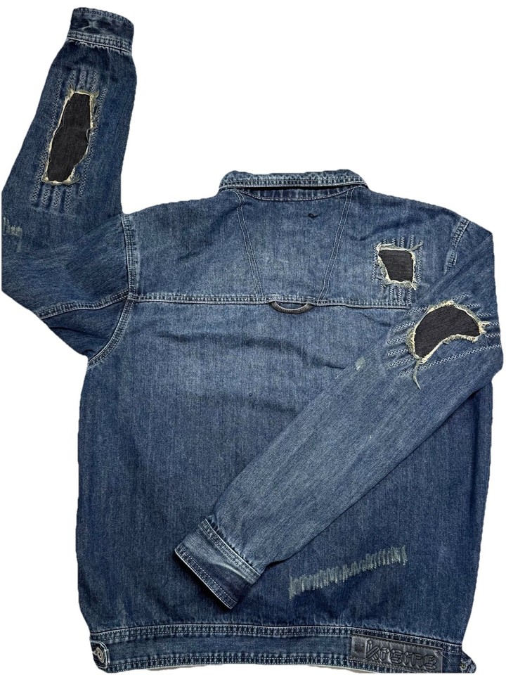 Krome distressed denim jacket mens medium blue trucker patched grunge ...