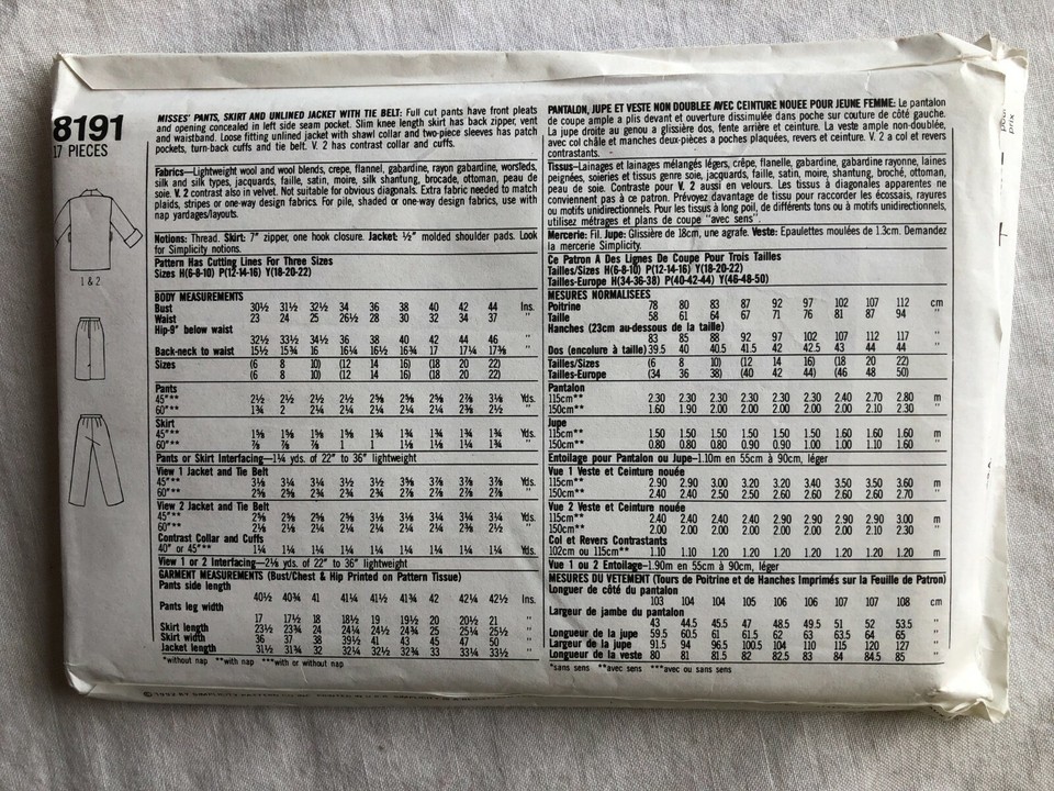 Vtg Simplicity 8191 UNCUT Misses Size 12 14 16 Pants, Skirt, Jacket ...