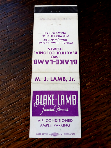 Vintage Matchbook: Blake-Lamb Funeral Homes, Chicago, IL | eBay