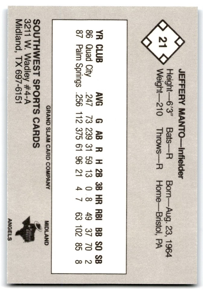 1988 Grand Slam Baseball Card Jeff Manto b Midland Angels #21 | eBay