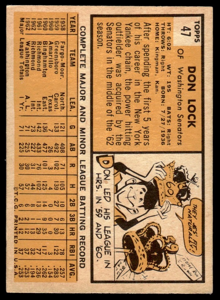 1963 Topps Don Lock | Washington Senators #47 | eBay