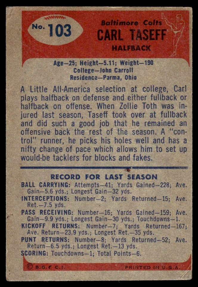 1955 Bowman Carl Taseff Rookie Baltimore Colts #103 | eBay