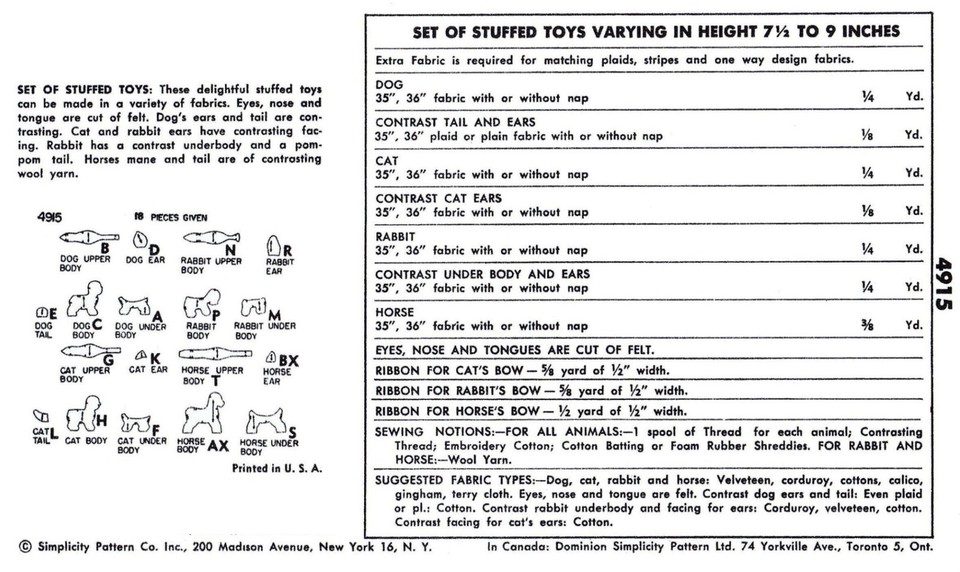 STUFFED Animal Pattern DOG Cat BUNNY PONY Toy Simplicity 4915 VTG 1954 ...