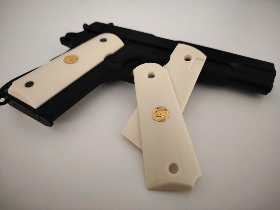 Colt bonded ivory 1911 grips gold metal medallion Government Commander ...