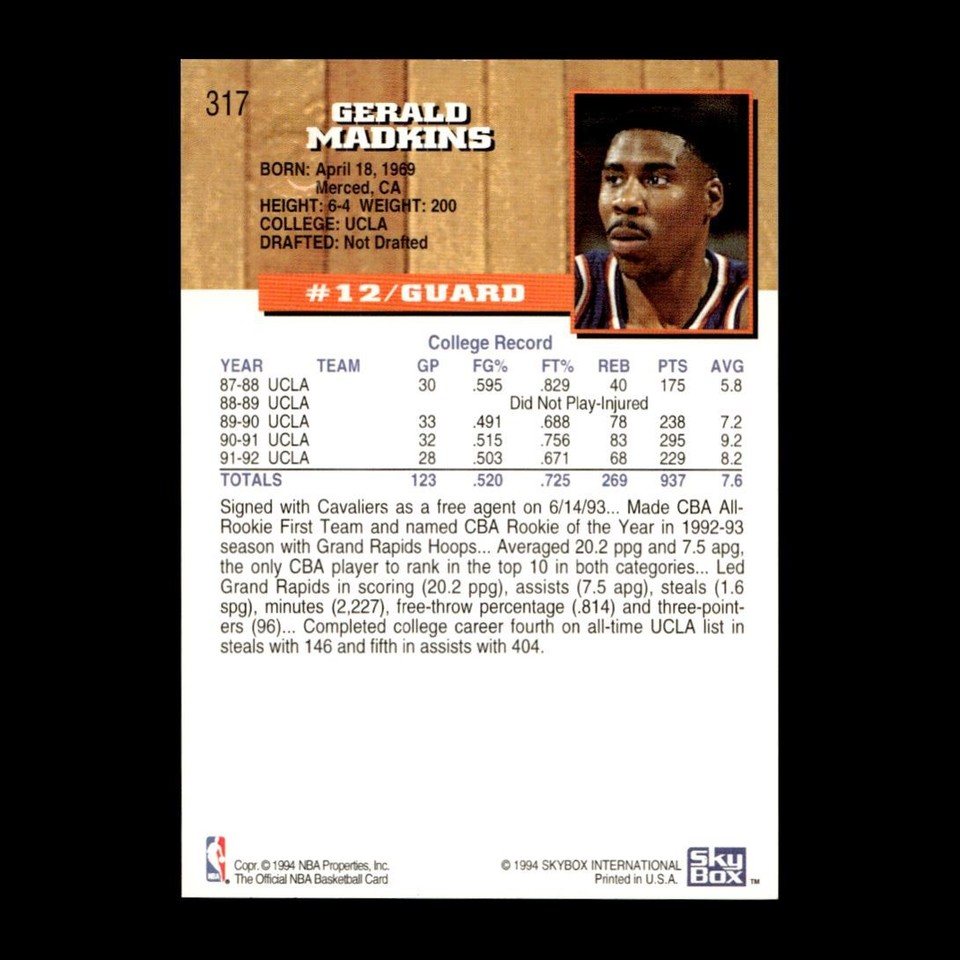 Gerald Madkins 1994-95 Hoops Rookie Cleveland Cavaliers #317 R328Q 84 ...