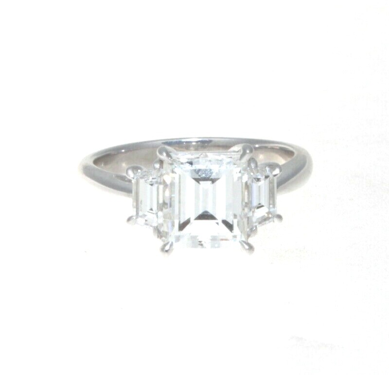 Platinum & Rectangular Step Cut Diamond 3 Stone Ring 2.76 Tcw. GIA F ...