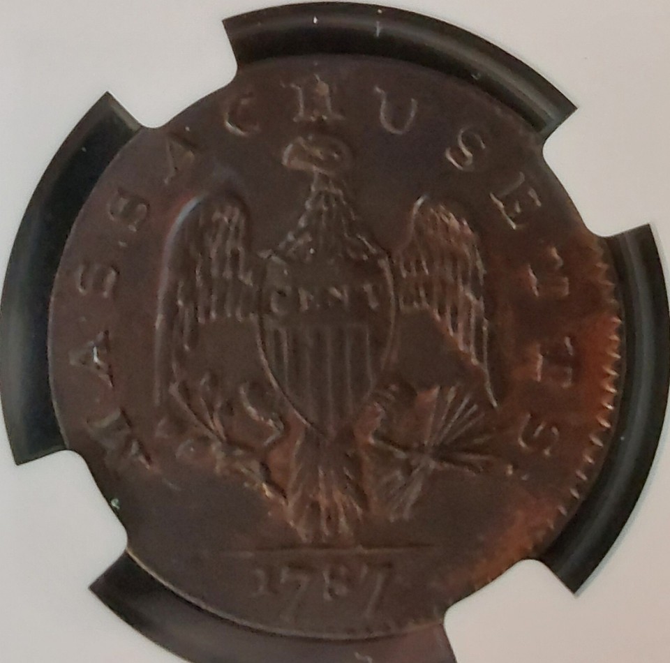 1787 MASSACHUSETTS Colonial Large 1c Cent Left Claw BURNISHED Copper ...