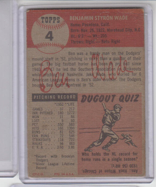 1953 Topps #4 Ben Wade (d.2002) Brooklyn Dodgers Autographed Signed ...