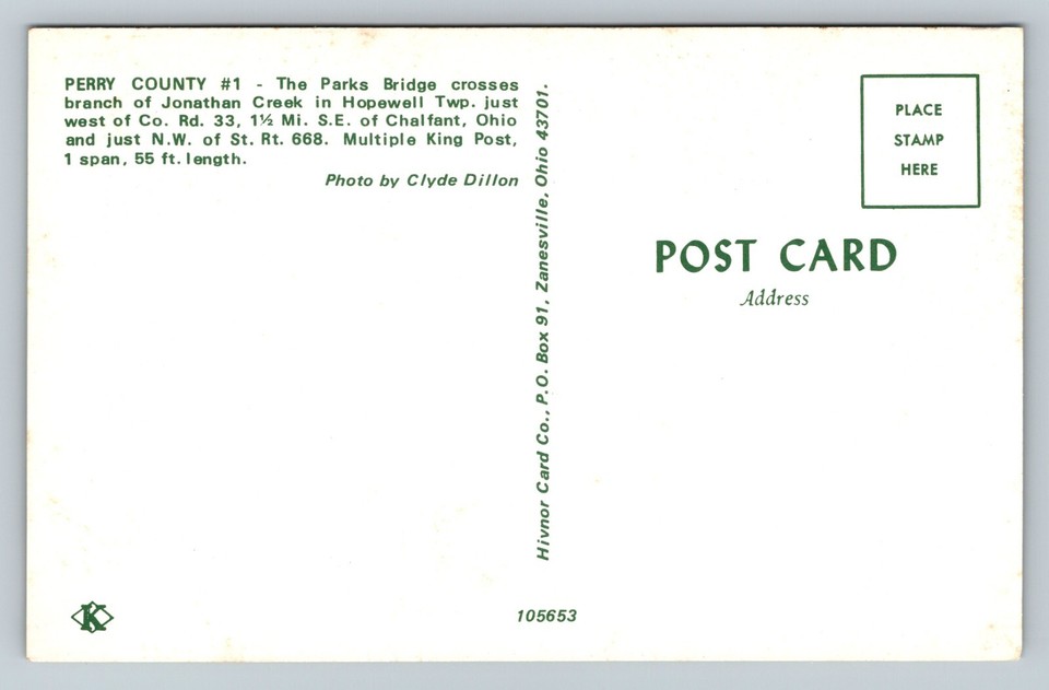 Parks Covered Bridge Jonathan Creek Near Chalfant OH Vintage Postcard ...