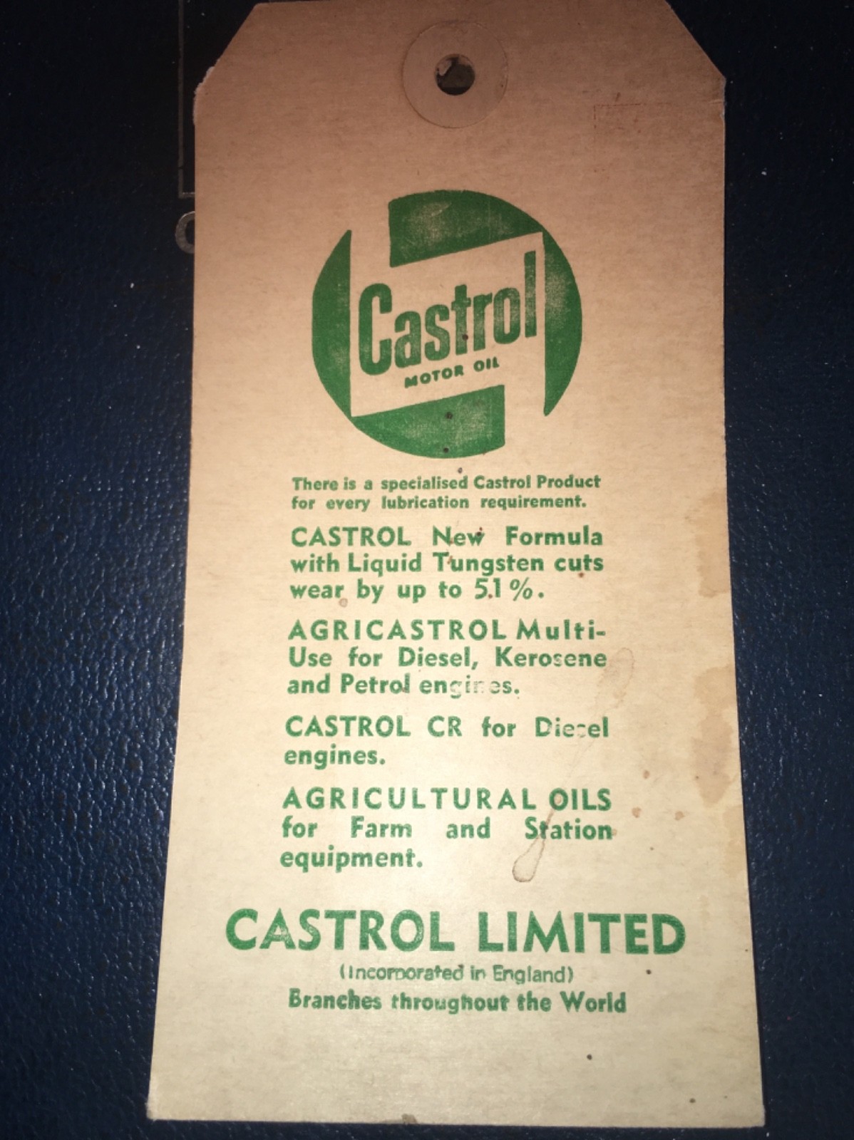 UN-USED CASTROL MOTOR OIL TAG THIN CARDBOARD | eBay