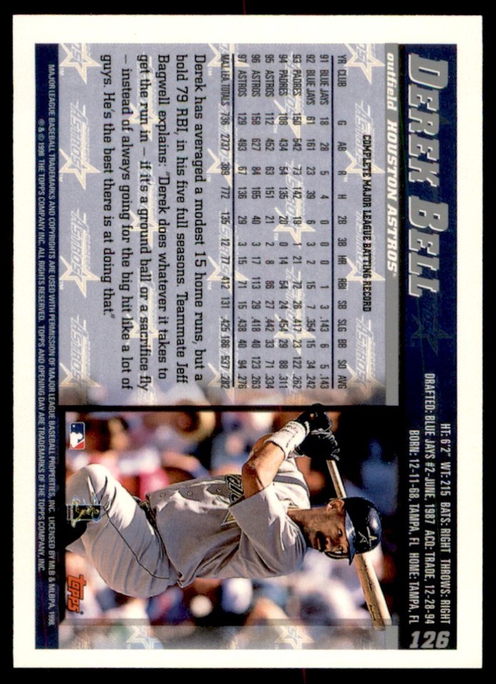 1998 TOPPS OPENING DAY DEREK BELL HOUSTON ASTROS #126 | eBay