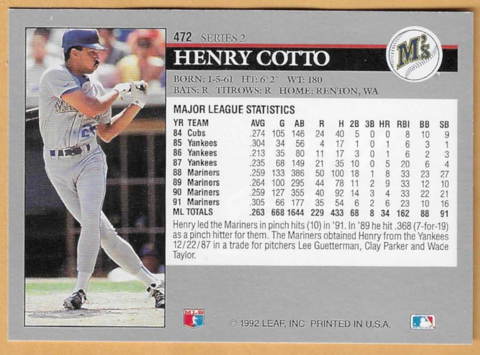 HENRY COTTO SEATTLE MARINERS #472 no dot inc - LEAF NM-MT 1992 | eBay