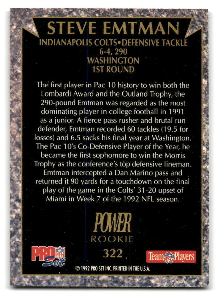 Steve Emtman 1992 Pro Set Power FOOTBALL #322 Indianapolis Colts Rookie ...