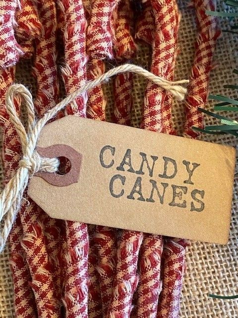 12 Primitive 6" BARN RED SMALL CHECK Fabric Candy Canes Christmas ...
