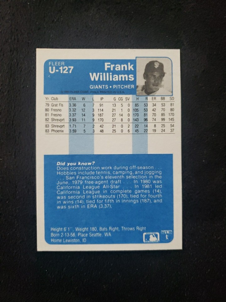 ⚾1984 Fleer Update #U-127 Frank Williams Rookie Card RC⚾Near Mint or ...