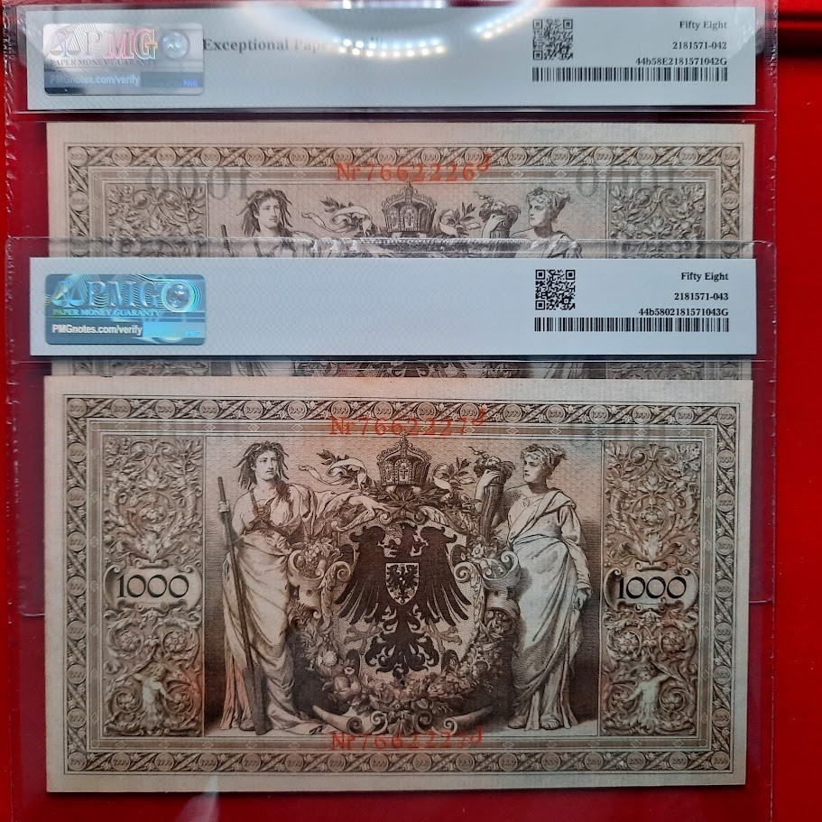 PAIR of 1910 GERMANY Imp Bank 1000 MARK Pick 44b PMG 58 & 58 EPQ | eBay