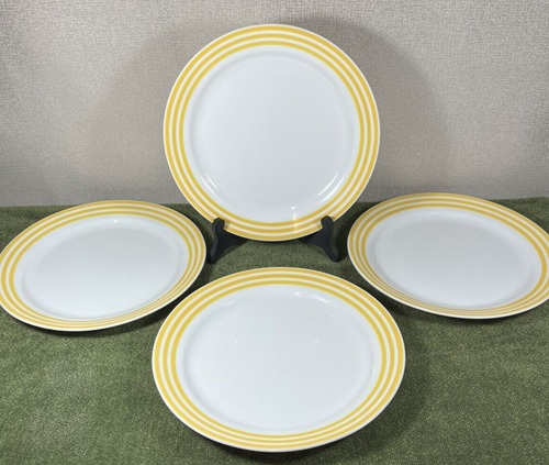 Corelle YELLOW RAINBOW Set of 4 Dinner Plates White w/ 3 Yellow Bands ...