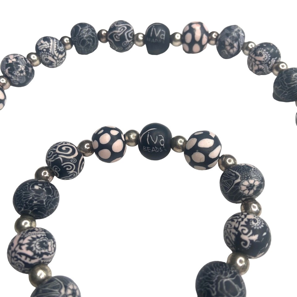 EUC Viva Beads 20" Necklace & Bracelet Black White Pink Silver Polymer ...