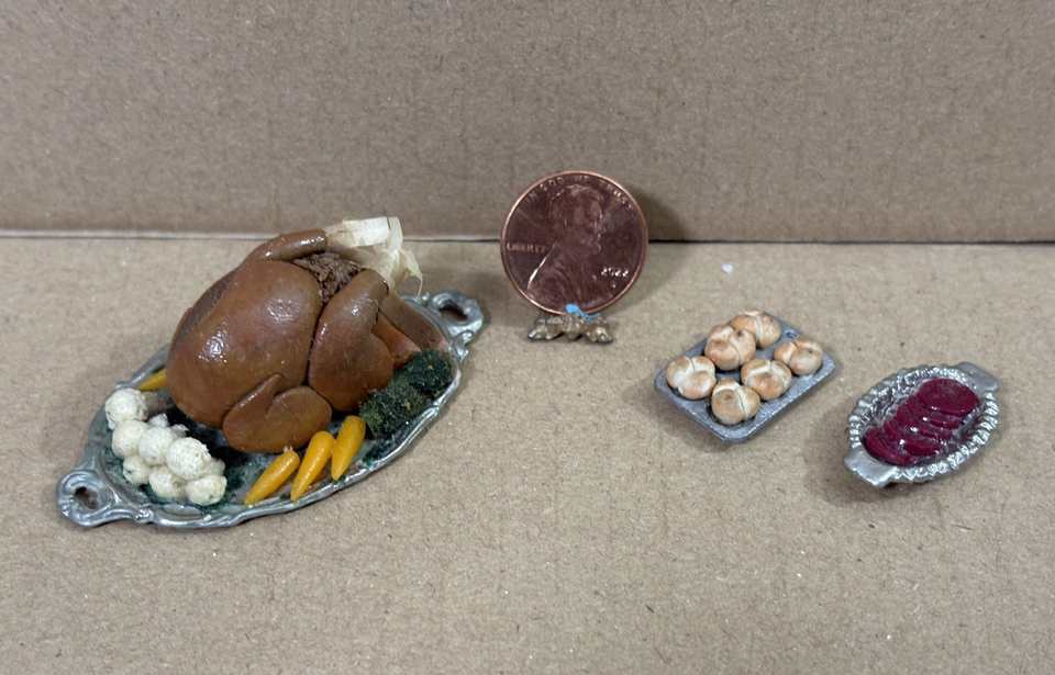 DOLLHOUSE MINIATURE. TURKEY ON A PLATTER. W/EXTRAS. LOT of 3 ITEMS. 1: ...