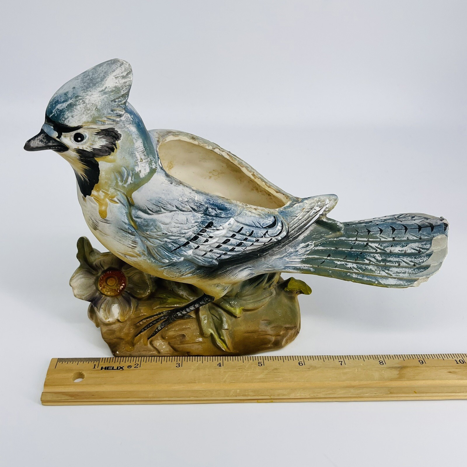 VINTAGE CERAMIC LEFTON HAND PAINTED BLUE JAY ON LOG W/FLOWER PLANTER ...