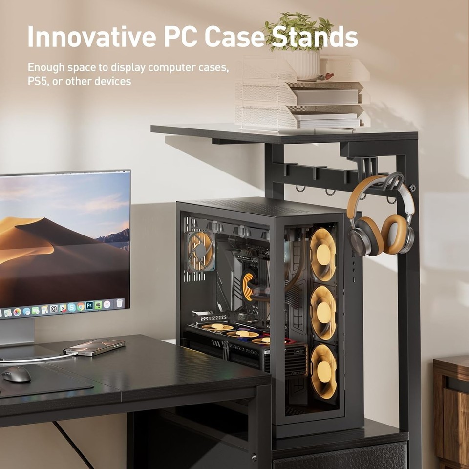 Gaming Desk with Led Lights & Outlets, Computer Desk with 3 Drawers ...
