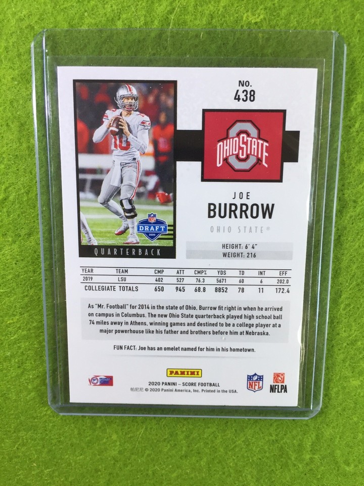 JOE BURROW ROOKIE CARD JERSEY #10 OHIO STATE RC LSU 2020 Panini Score ...