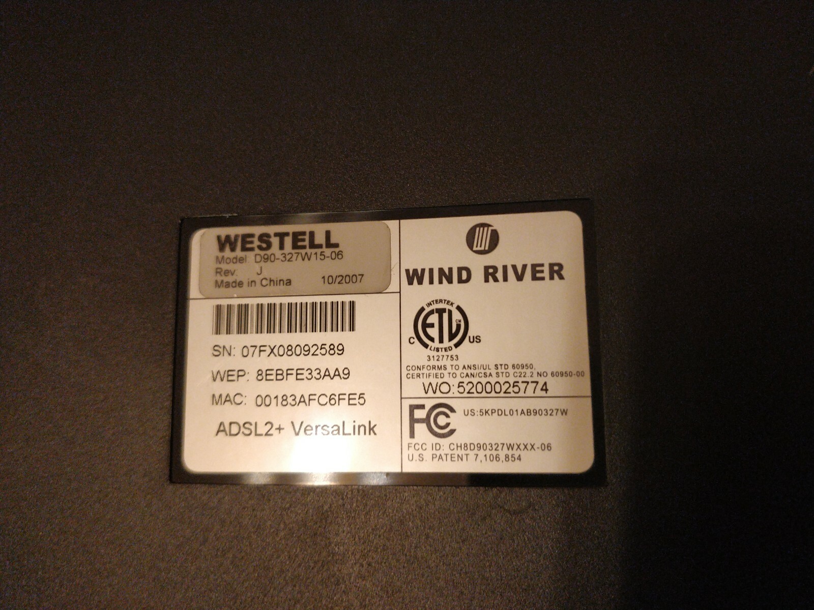 Verizon Westell D90-327W15-06 Wireless DSL Modem ADSL2+ VERSA LINK WIND ...