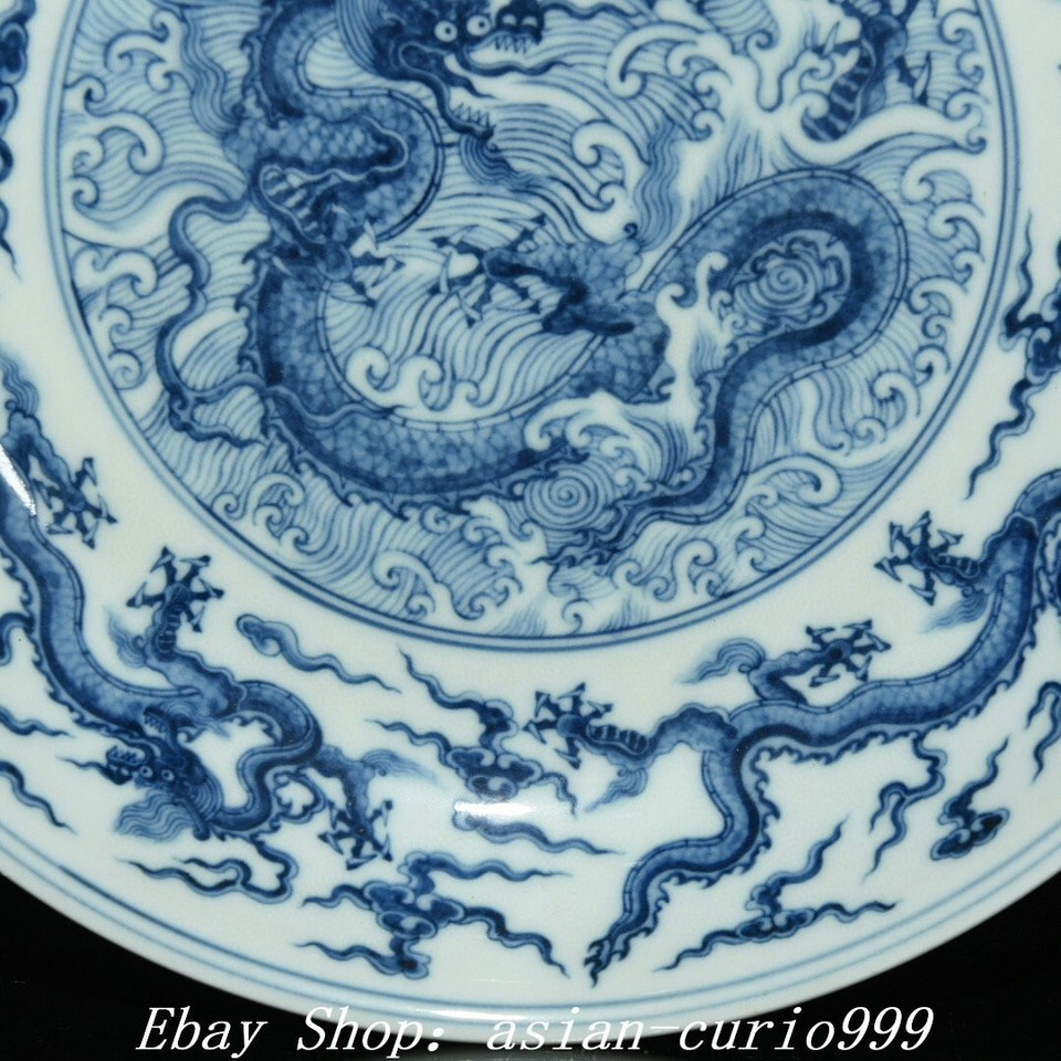 9.8"Ming Chenghua Blue White Porcelain Dragon Loong Beast Animal Tray ...