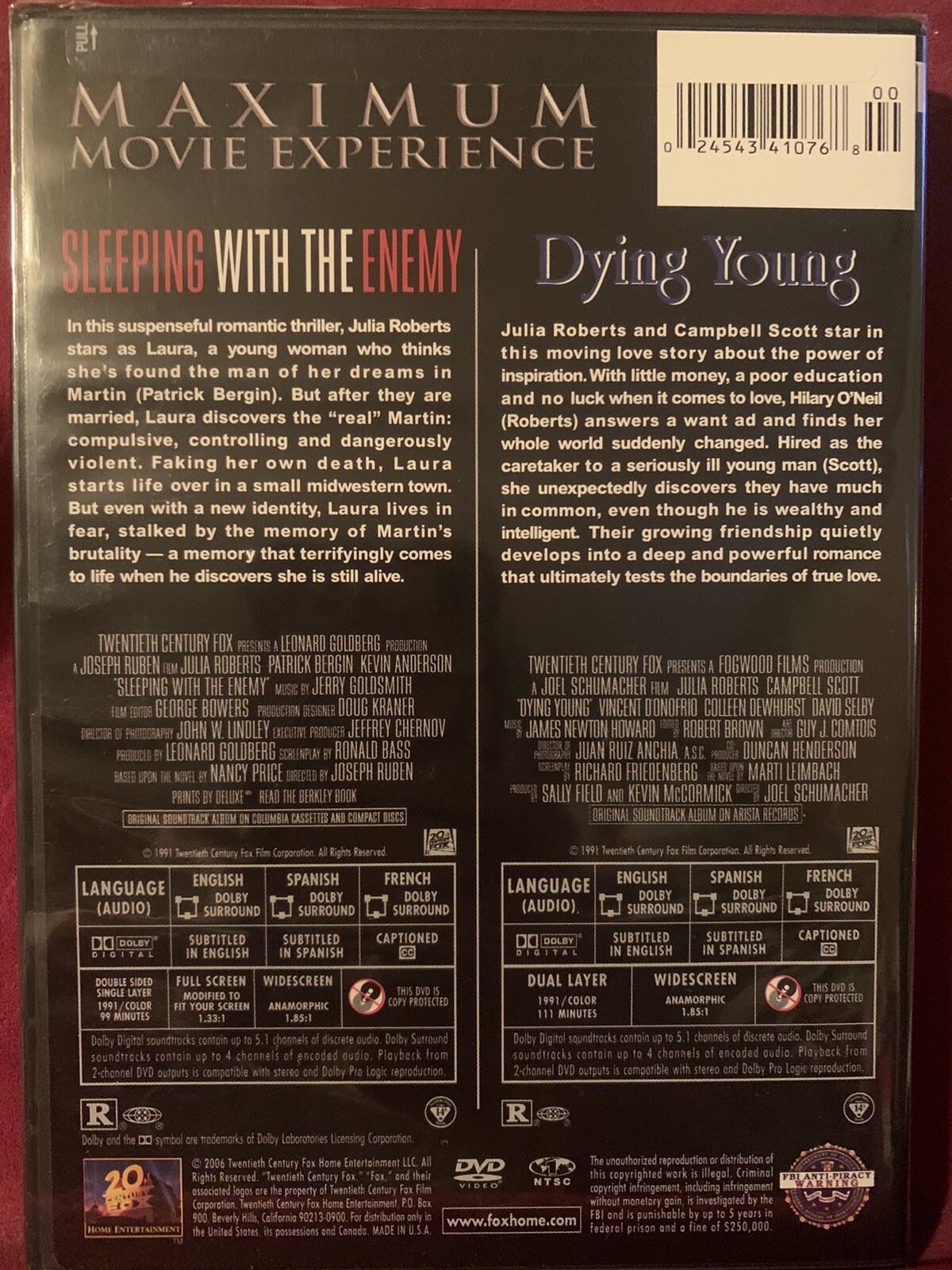 Sleeping with the Enemy/Dying Young 2-Pack (DVD, 2006, 2-Disc Set) for ...