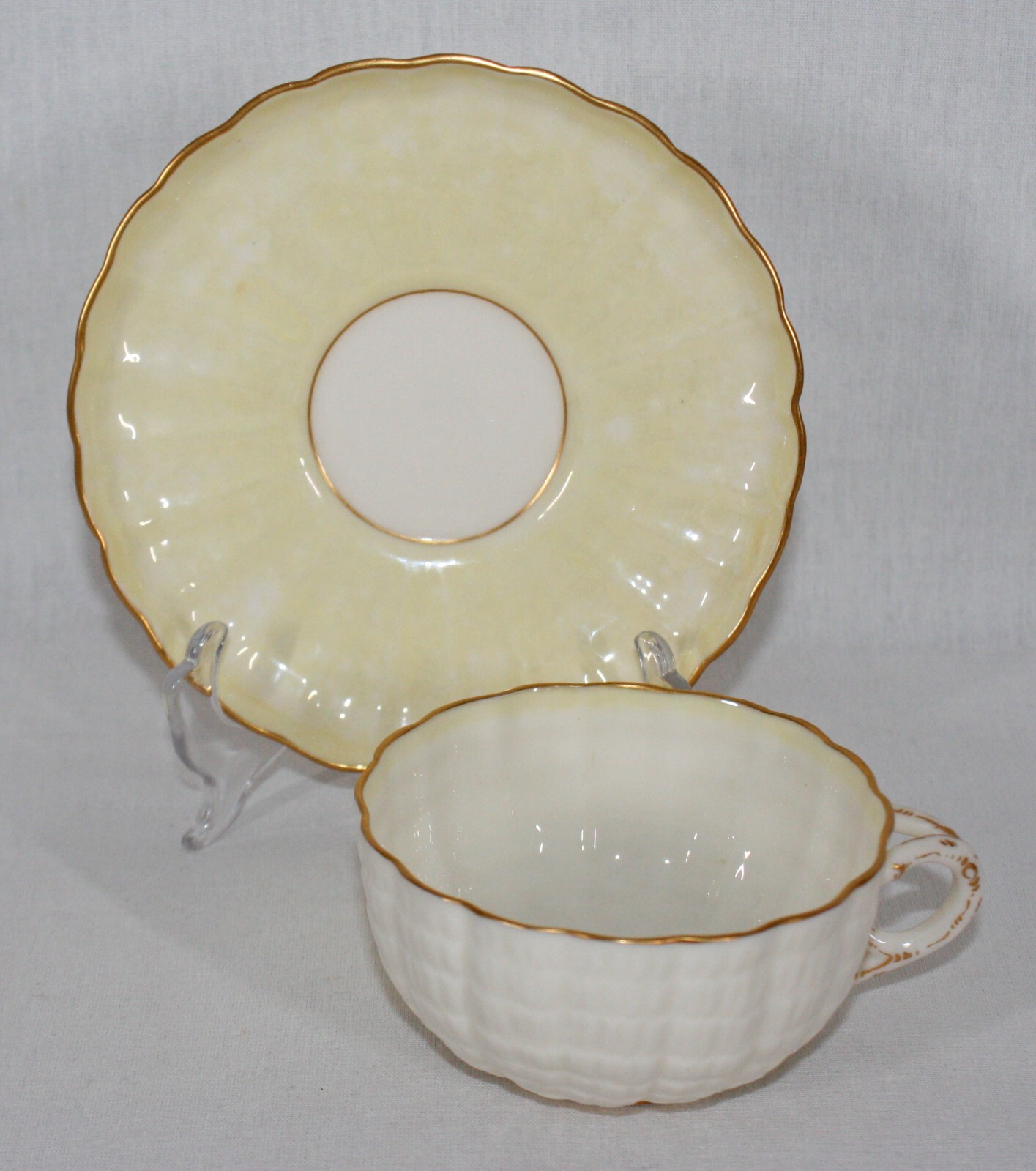 ANTIQUE LENOX PARIAN CHINA BELLEEK TRIDACNA STYLE IVORY YELLOW CUP & SAUCER MINT | eBay