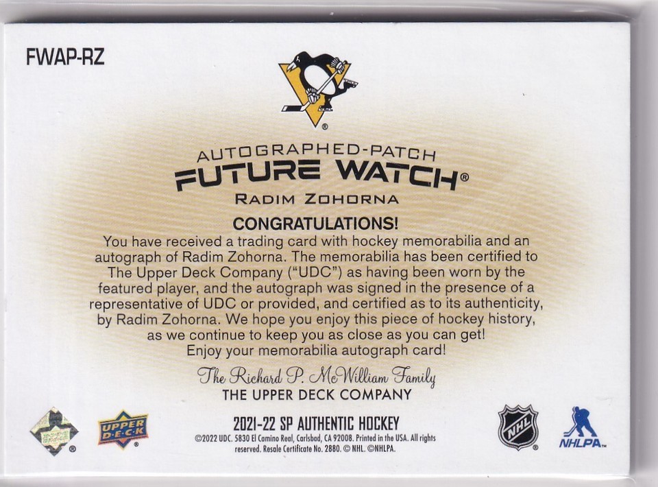 2021-22 UD SP Authentic Hockey Radim Zohorna Future Watch Auto Patch ...