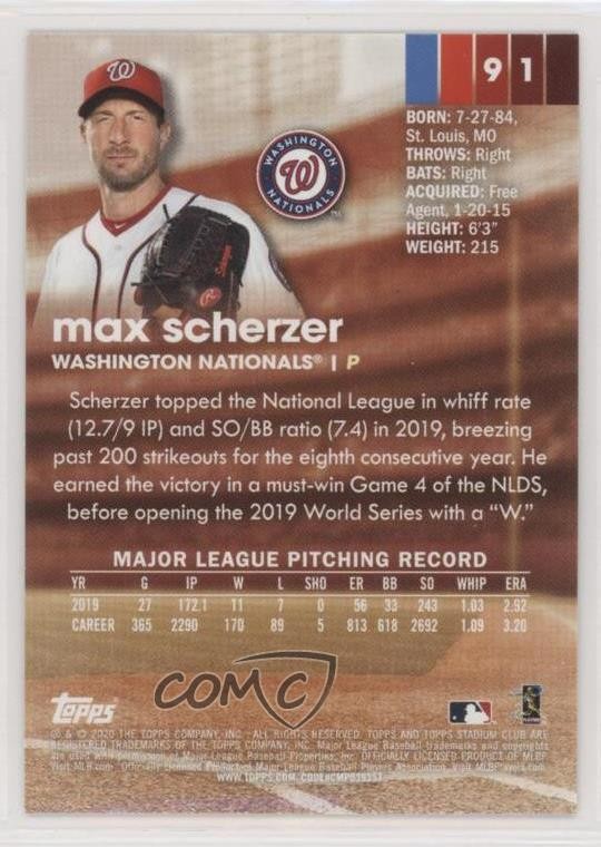 2020 Topps Stadium Club Base Max Scherzer (Vertical Pitching) #91 02v3 ...