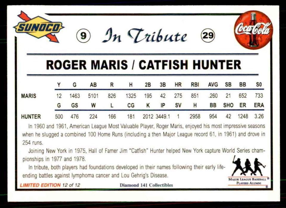 2001 Sunoco Dream Team Roger Maris/Catfish Hunter Baseball Cards #12 OF ...