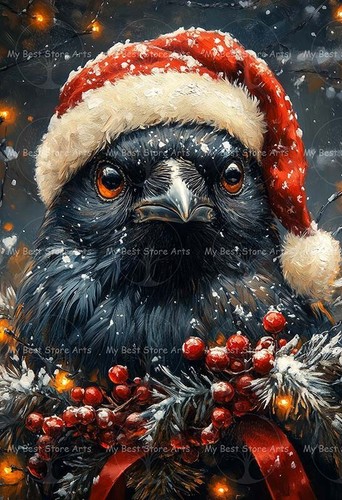 CHRISTMAS CROW SANTA HAT ART PRINT, Holiday Home Decor, Raven Bird ...