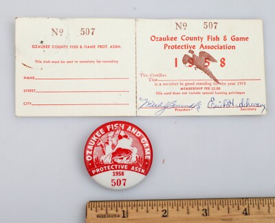 Vintage 1958 Ozaukee Fish and Game Protective Assn. Pinback & Card ...
