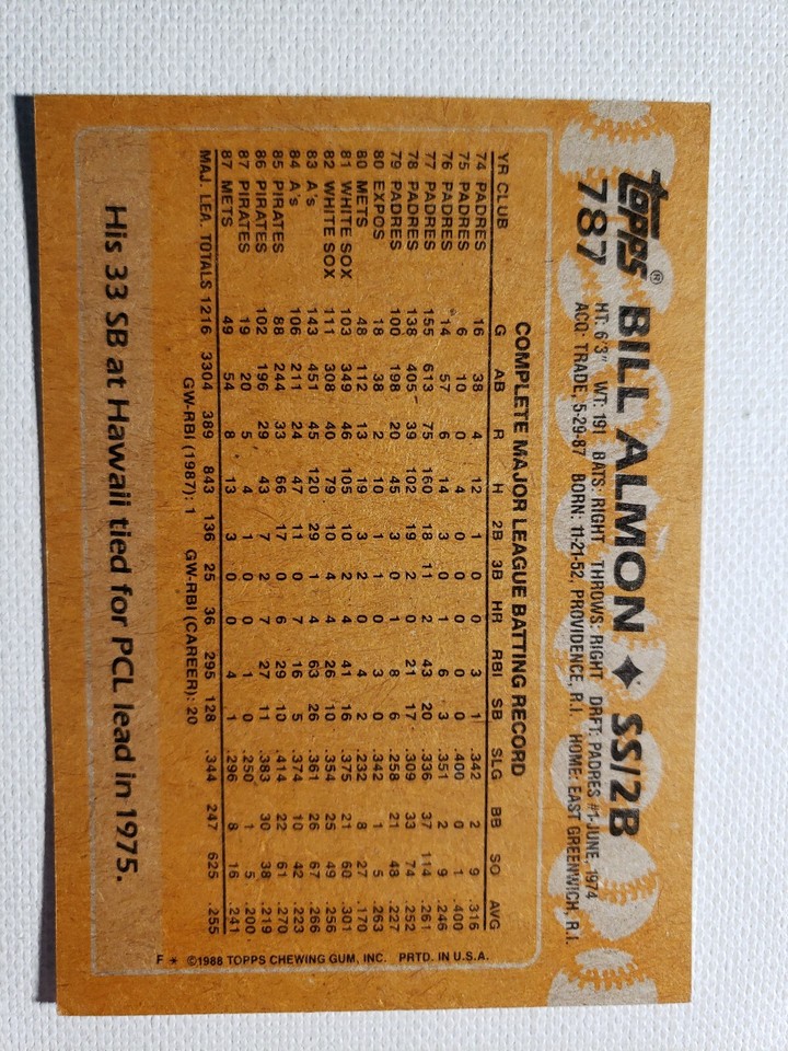 1988 Topps Bill Almon Autograph A's Padres White Sox Expos Mets Auto ...