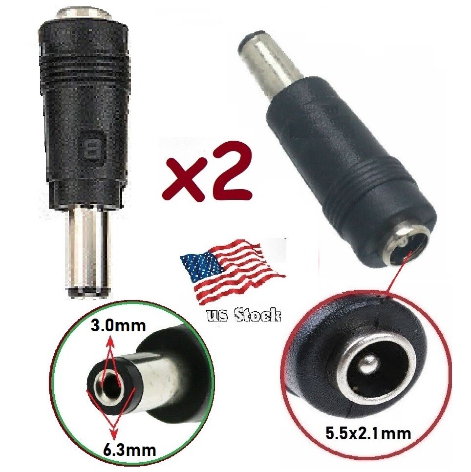 x2 DC Power 6.3x3.0mm Male Plug to 5.5x2.1mm Female Jack Adapter ...