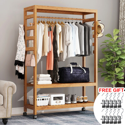 Heavy Duty Wooden Clothes Rail Rack Garment Hanging Stand Corner Open ...