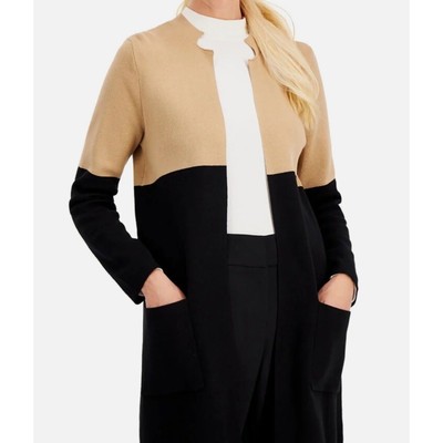 KASPER Women's Colorblock Open Front Cardigan Sweater Camel/Black Size ...