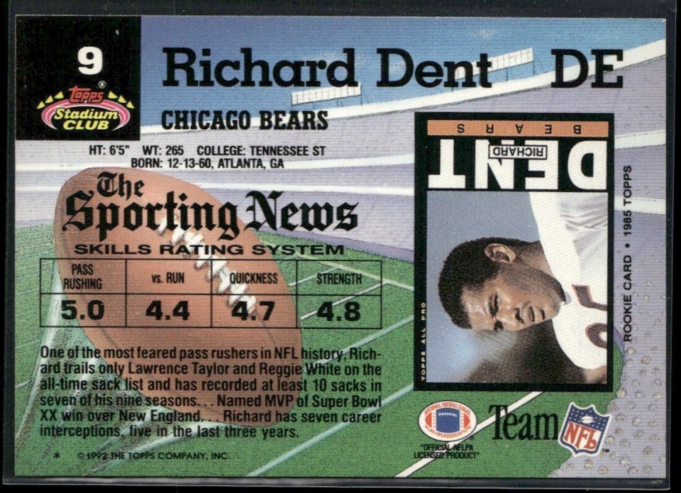1992 Stadium Club Football #9 Richard Dent HOF Chicago Bears | eBay
