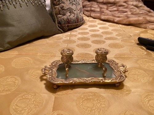 Ornate Antique Edwardian Brass and Jade desk set Pen and Inkwell | eBay