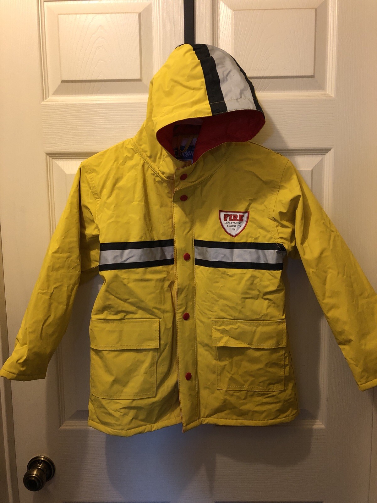 Boys Firefighter Yellow Waterproof Rain Jacket Hood Snaps Size 5/6 ...