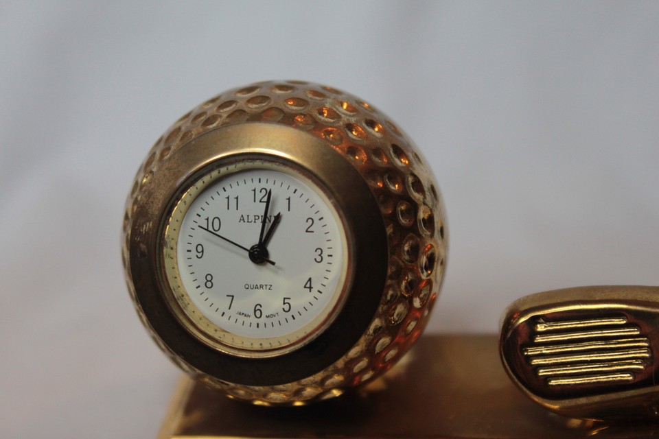 Miniature Clock GOLF BALL & GOLF CLUB Gold Toned New Battery Mini | eBay