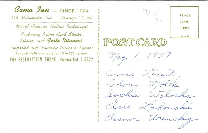 Vintage Postcard Como Inn Italian Restaurant Chicago Illinois IL dated ...