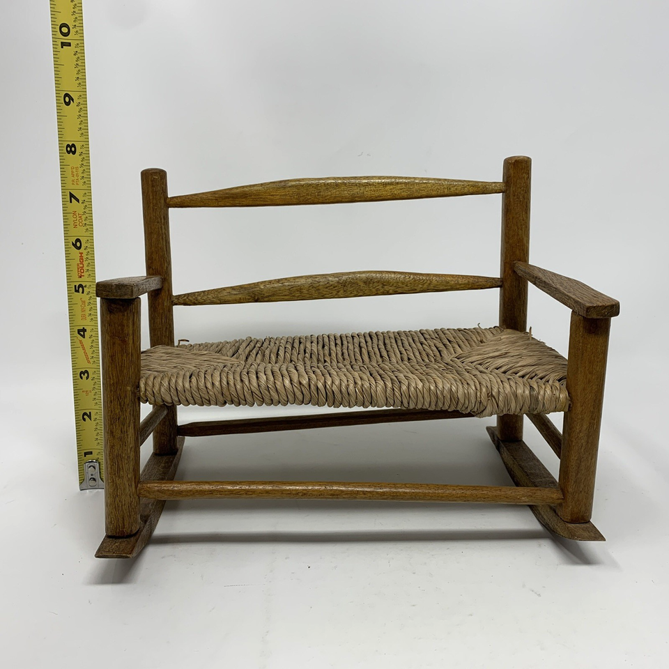 Vintage Wooden Rocking Doll Bench Rush Woven Wicker Seat w/ Pillows ...