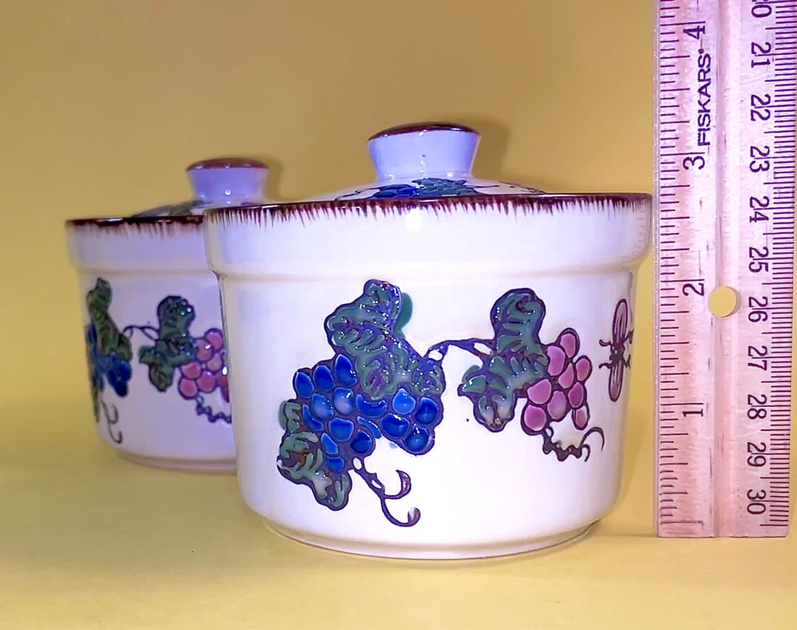 Set of 2 Vintage Mini Stoneware Crock with Lid Grape Vine & Bee Design ...