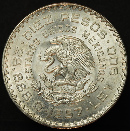 1957 Mexico 10 diez pesos 100 years Estados Unidos 90% Silver round ...