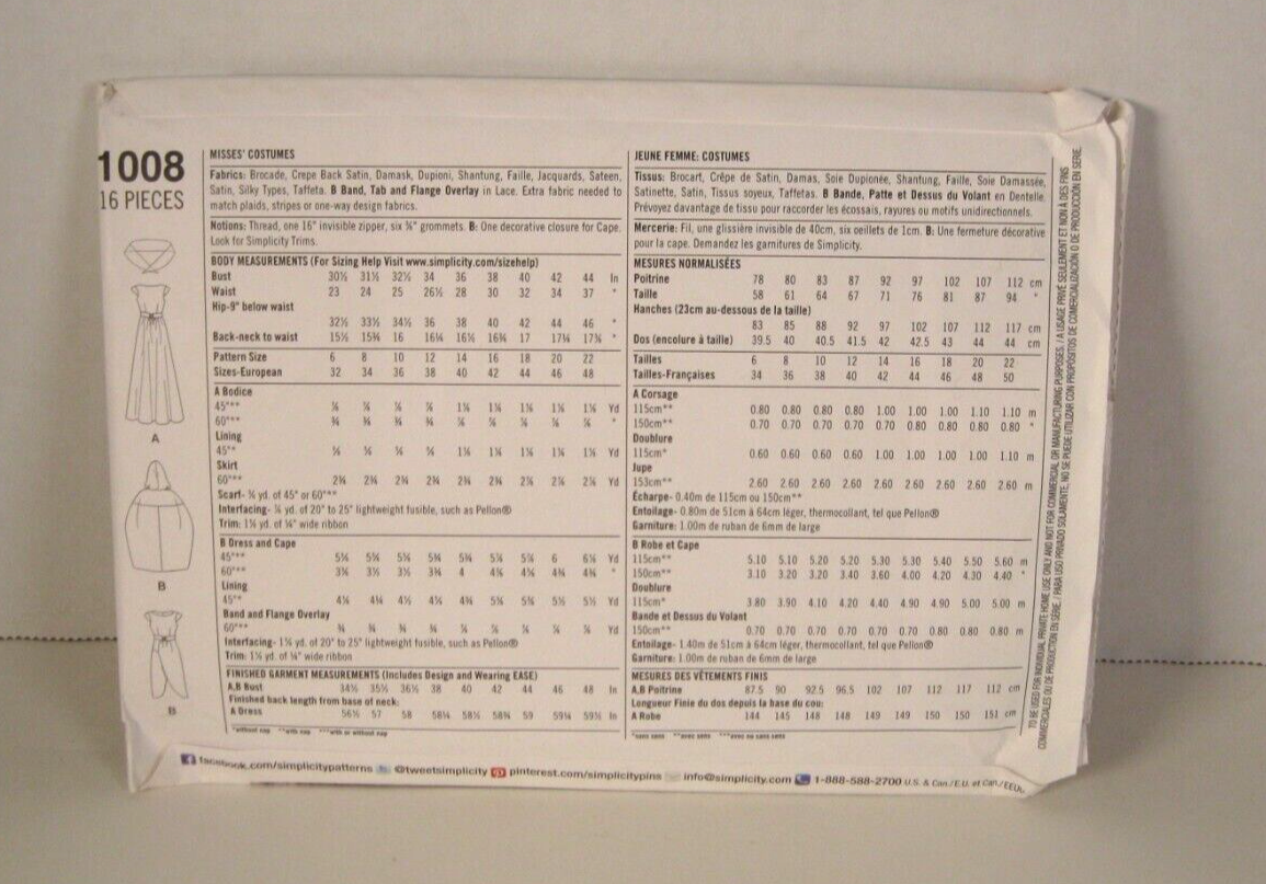 Simplicity Sewing Pattern 1008 R5 Misses' Costumes Dress Cape Bodice ...