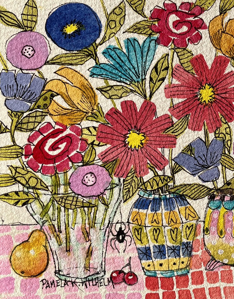 Pamela Wilhelm original 5x7 Whimsical Floral Bird Apple Pear Spider ...